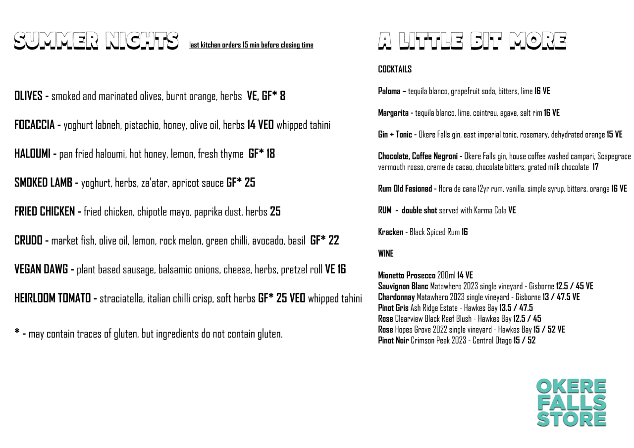 Menu | OKERE FALLS STORE + CRAFT BEER GARDEN